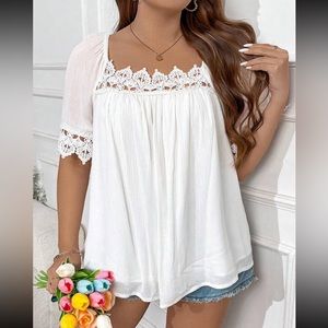 Tops | Plus Size Boho Sheer Mesh Lace Top Blouse Shirt White | Poshmark